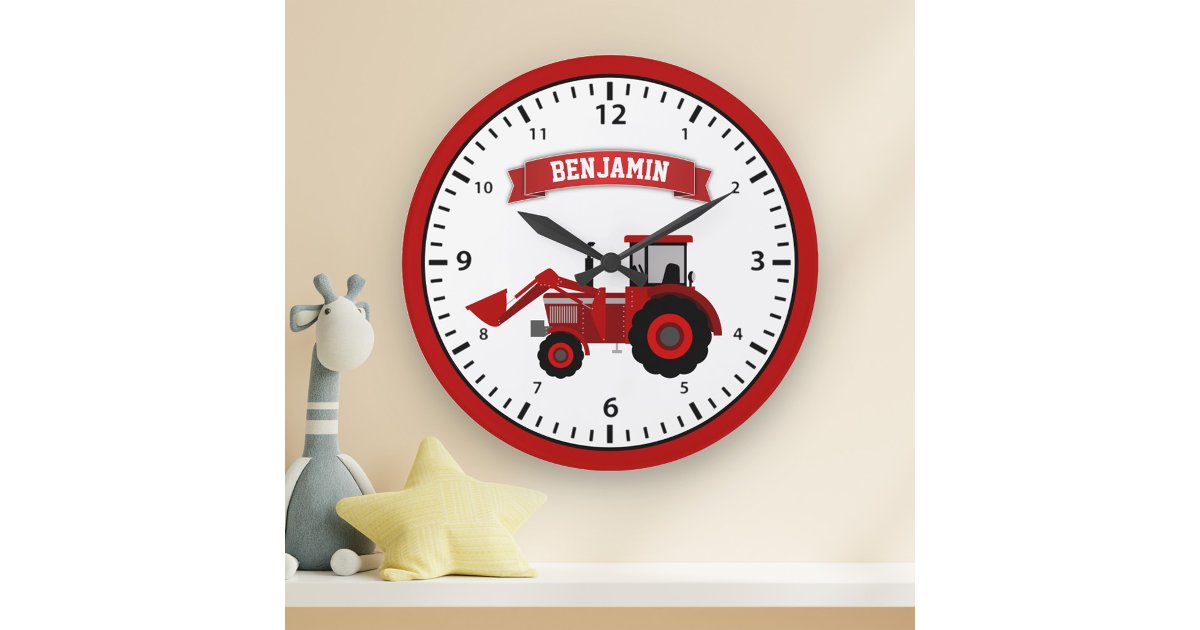 Red Farm Tractor Personalized Name Kids Room Large Clock | Zazzle