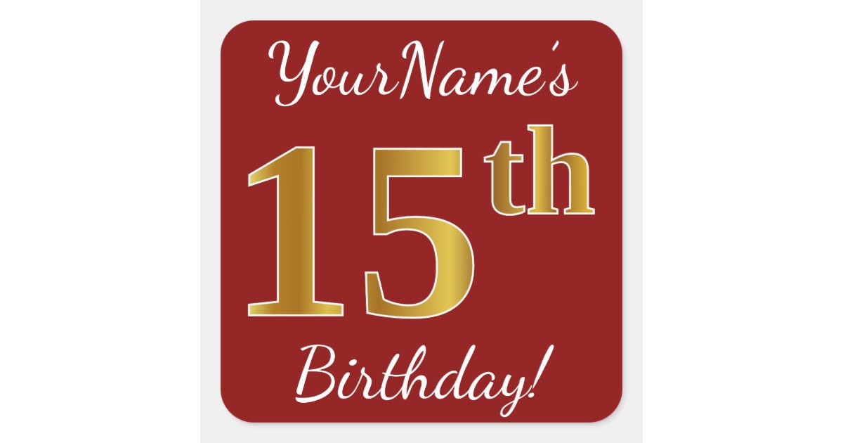 Red, Faux Gold 15th Birthday + Custom Name Sticker | Zazzle
