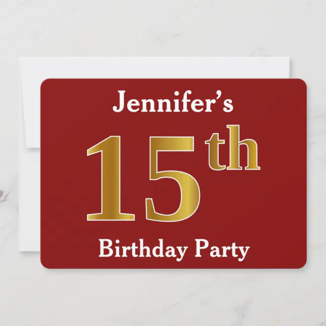Red, Faux Gold 15th Birthday Party + Custom Name Invitation | Zazzle