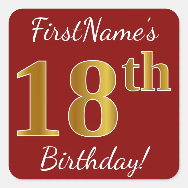 Red, Faux Gold 18th Birthday + Custom Name Sticker | Zazzle