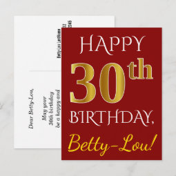 Red, Faux Gold 30th Birthday + Custom Name Postcard | Zazzle