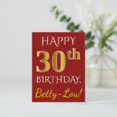 Red, Faux Gold 30th Birthday + Custom Name Postcard | Zazzle