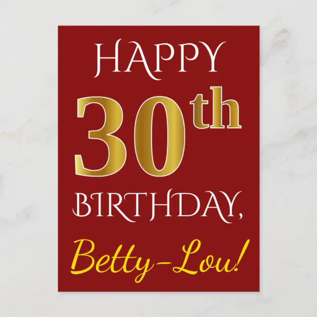 Red, Faux Gold 30th Birthday + Custom Name Postcard | Zazzle