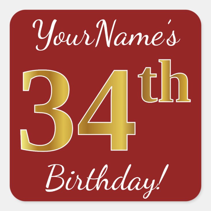 Red, Faux Gold 34th Birthday + Custom Name Sticker | Zazzle