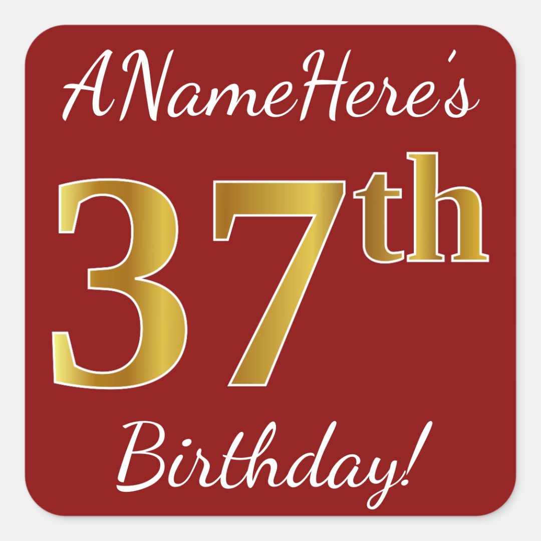 Red, Faux Gold 37th Birthday + Custom Name Sticker | Zazzle
