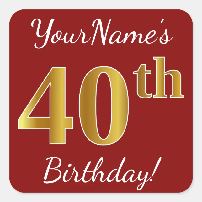 Red, Faux Gold 40th Birthday + Custom Name Sticker | Zazzle