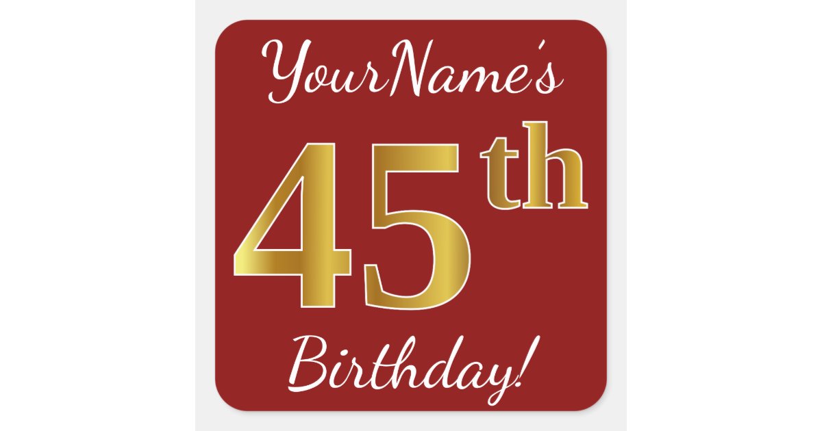 Red, Faux Gold 45th Birthday + Custom Name Sticker | Zazzle
