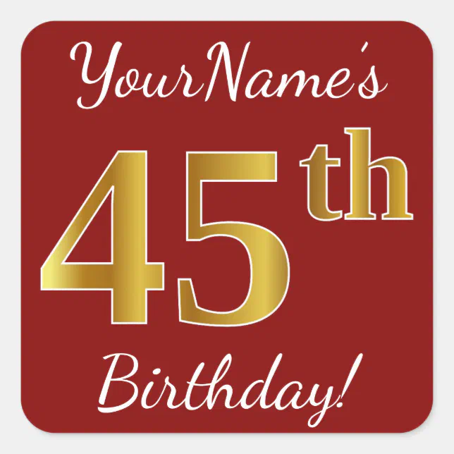 Red, Faux Gold 45th Birthday + Custom Name Sticker | Zazzle