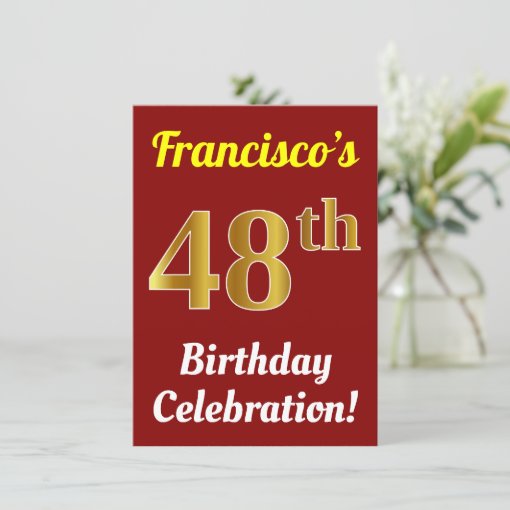 Red, Faux Gold 48th Birthday Celebration + Name Invitation | Zazzle