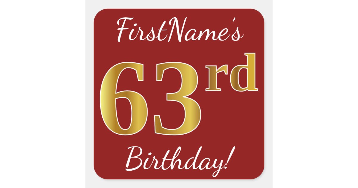 Red, Faux Gold 63rd Birthday + Custom Name Sticker | Zazzle
