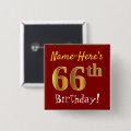 Red, Faux Gold 66th Birthday, With Custom Name Button | Zazzle