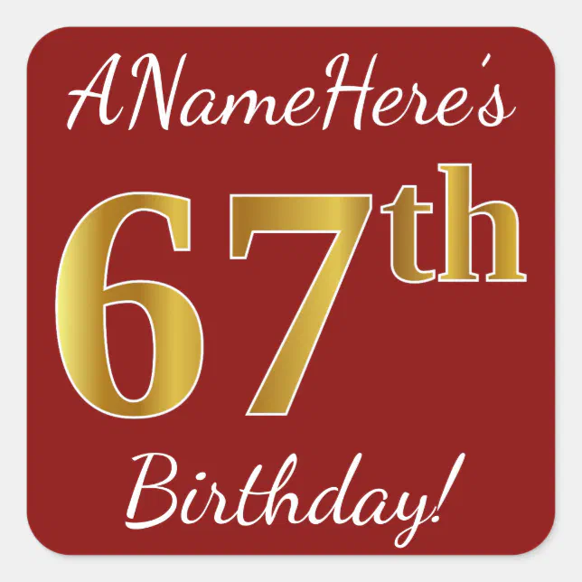 Red, Faux Gold 67th Birthday + Custom Name Sticker | Zazzle