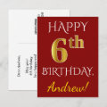 Red, Faux Gold 6th Birthday + Custom Name Postcard | Zazzle