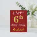 Red, Faux Gold 6th Birthday + Custom Name Postcard | Zazzle