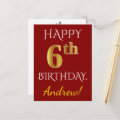Red, Faux Gold 6th Birthday + Custom Name Postcard | Zazzle