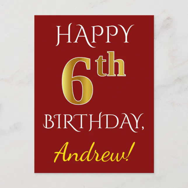 Red, Faux Gold 6th Birthday + Custom Name Postcard | Zazzle