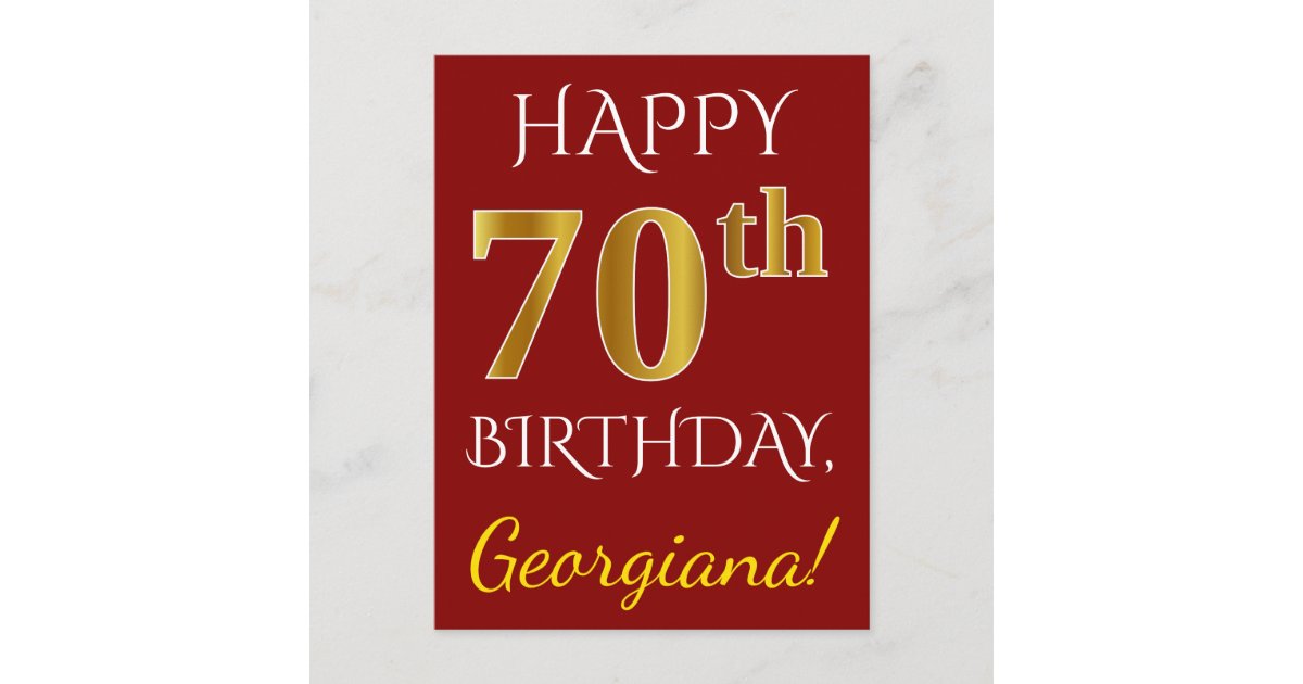 Red, Faux Gold 70th Birthday + Custom Name Postcard | Zazzle