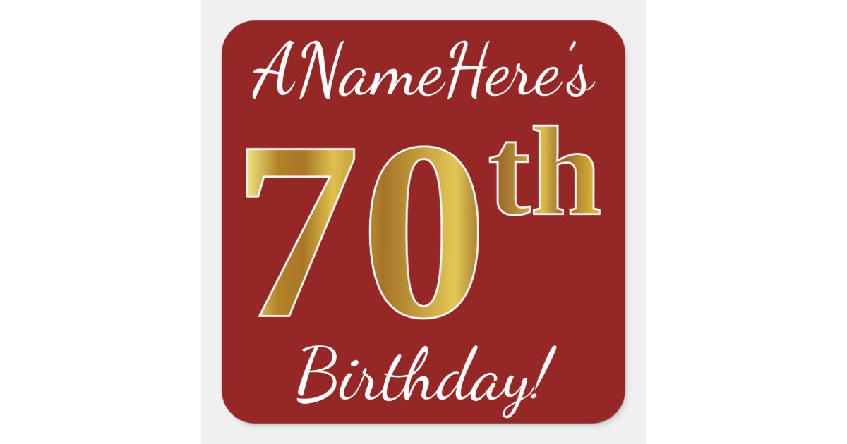 Red, Faux Gold 70th Birthday + Custom Name Sticker | Zazzle