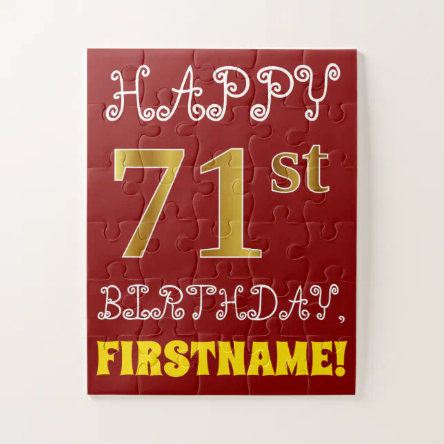 Red, Faux Gold 71st Birthday + Custom Name Puzzle | Zazzle