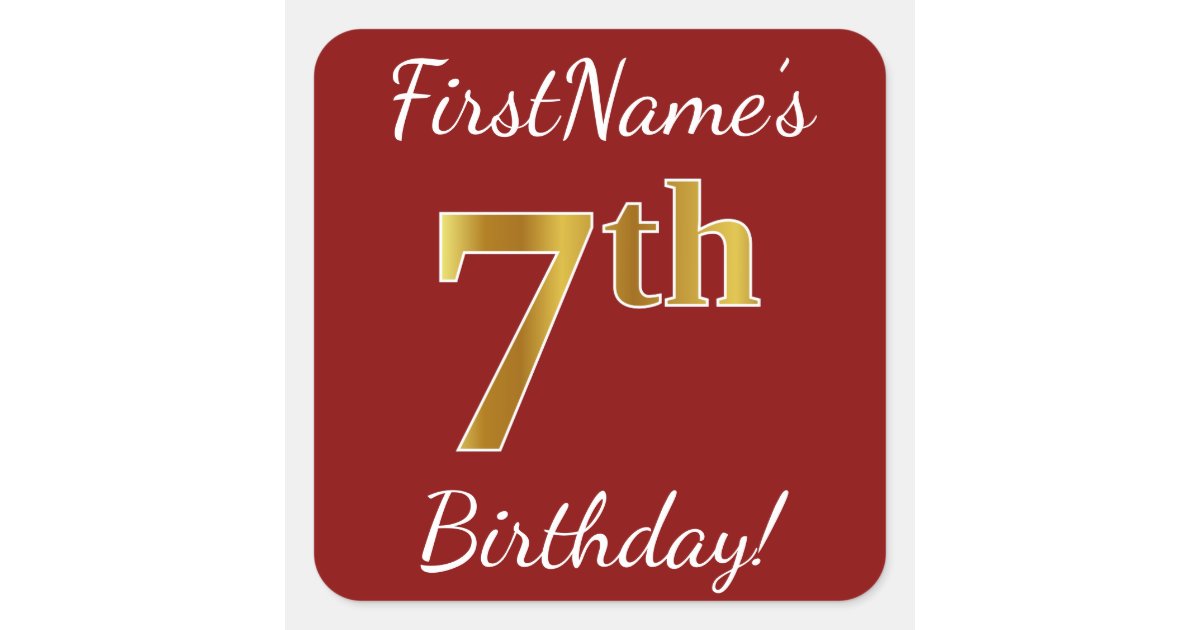 Red, Faux Gold 7th Birthday + Custom Name Sticker | Zazzle