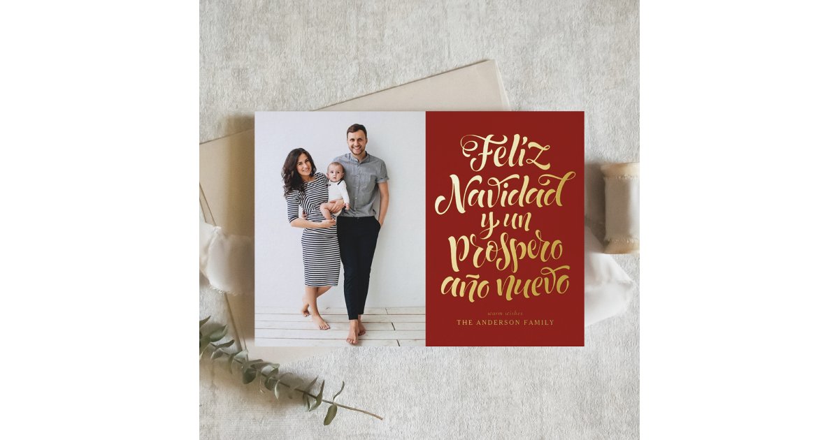 Red Feliz Navidad Script Christmas Photo Foil Holiday Card | Zazzle