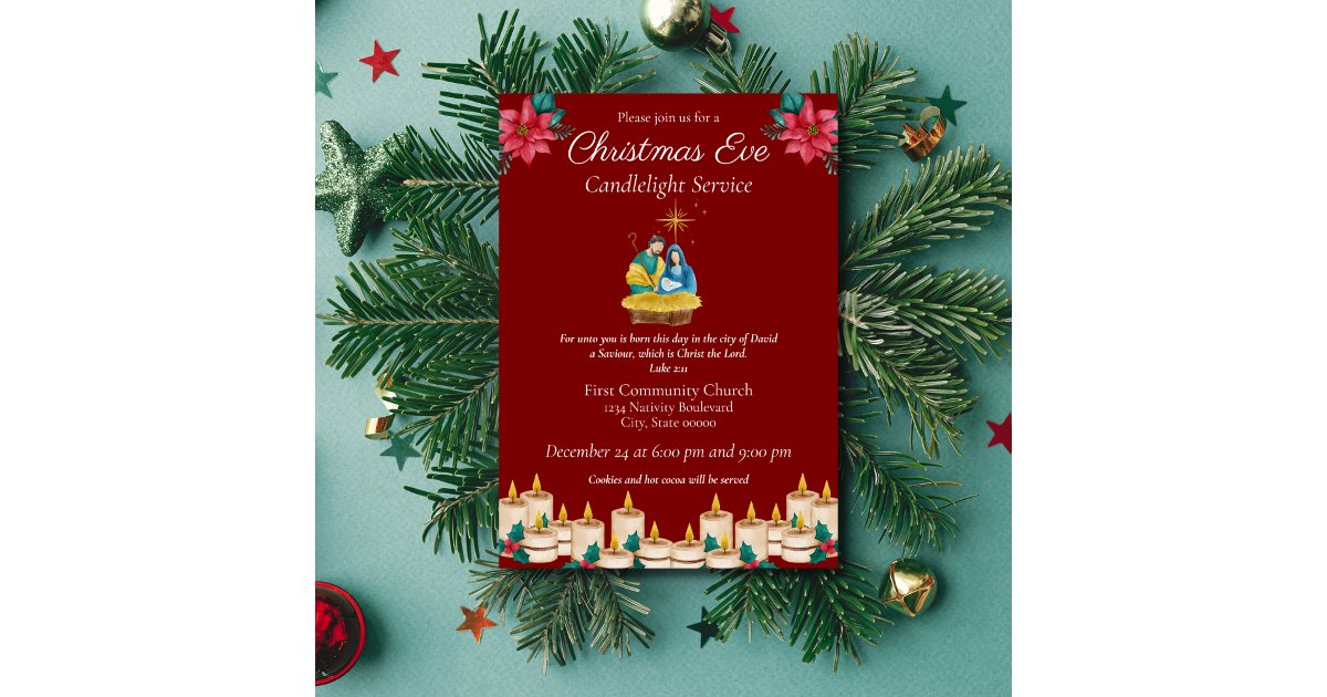 Red Festive Christmas Eve Candlelight Service Invitation | Zazzle