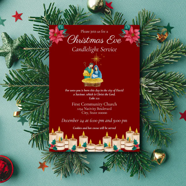 Red Festive Christmas Eve Candlelight Service Invitation | Zazzle