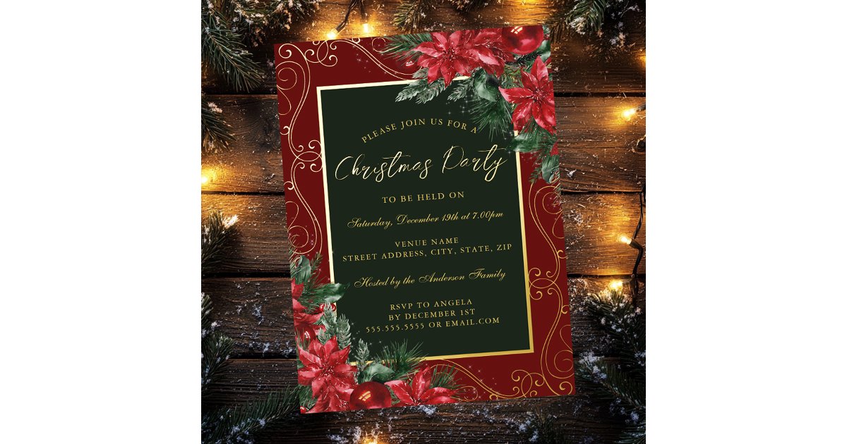 Red Festive Floral Green Frame Christmas Party Foil Invitation | Zazzle