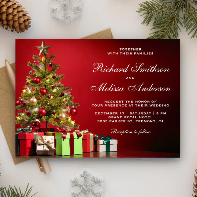 Red Festive Holiday Christmas Tree Wedding Invitation | Zazzle