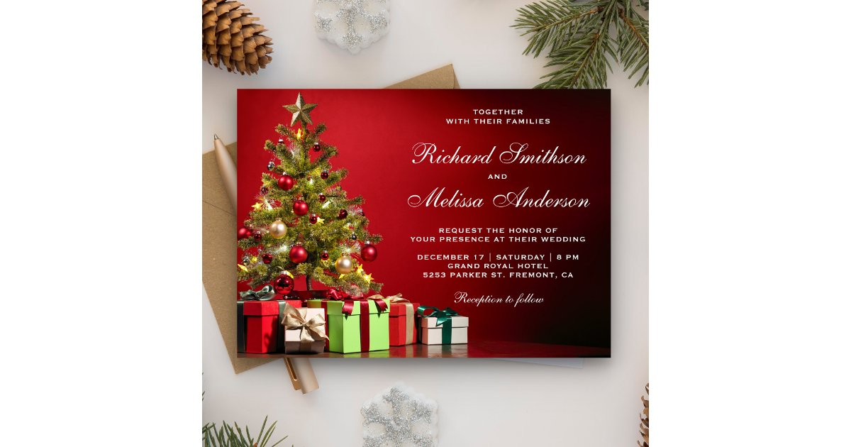 Red Festive Holiday Christmas Tree Wedding Invitation | Zazzle