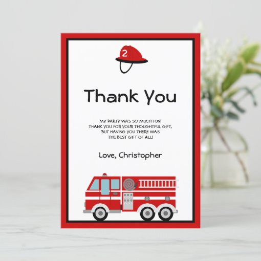 Red Fire Engine and Hat Birthday Thank You Card | Zazzle
