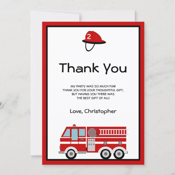 Red Fire Engine and Hat Birthday Thank You Card | Zazzle