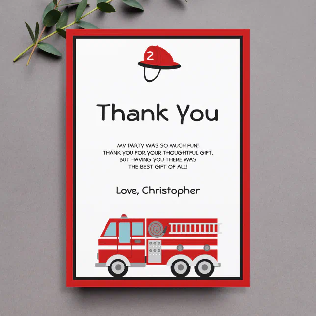 Red Fire Engine and Hat Birthday Thank You Card | Zazzle