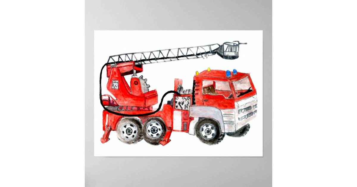 Red fire engine, fire truck illustration poster | Zazzle