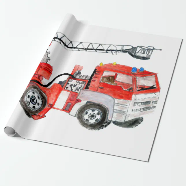 Red fire engine, fire truck illustration wrapping paper | Zazzle