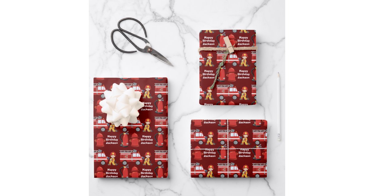 Red Fire Truck Custom Firefighting Kids Birthday Wrapping Paper Sheets ...