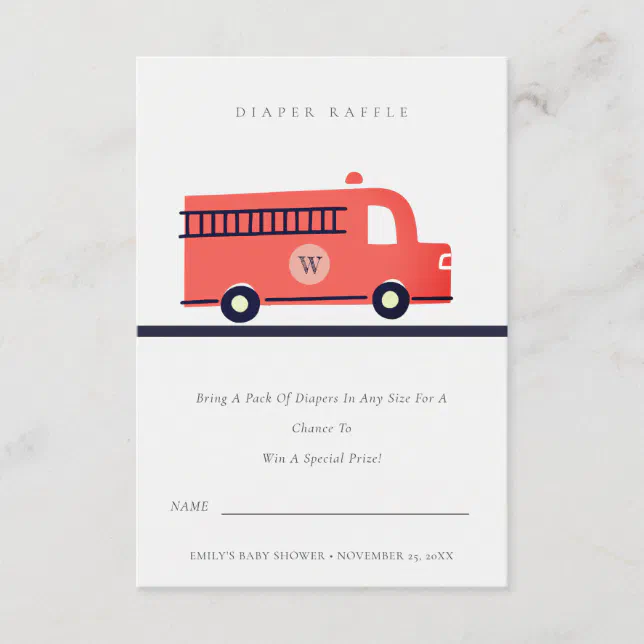 Red Fire Truck Engine Diaper Raffle Baby Shower Enclosure Card | Zazzle