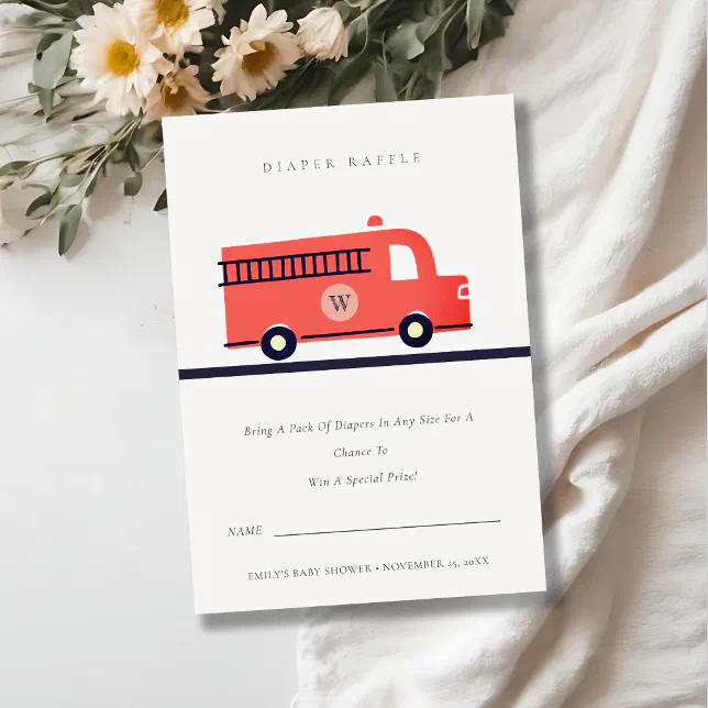 Red Fire Truck Engine Diaper Raffle Baby Shower Enclosure Card | Zazzle