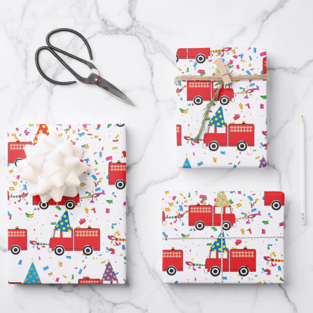 Red Fire Truck Party Pattern Wrapping Paper Sheets | Zazzle
