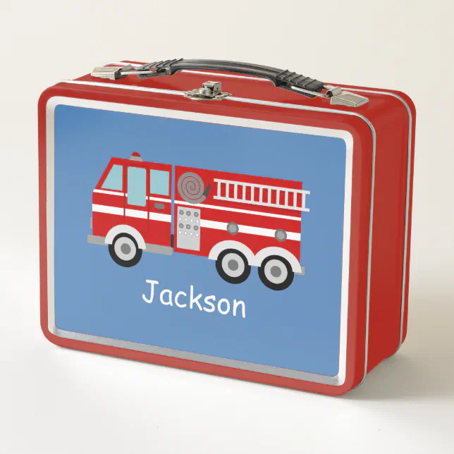 Red Fire Truck Personalized Kids Metal Lunch Box | Zazzle