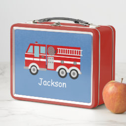 Red Fire Truck Personalized Kids Metal Lunch Box | Zazzle