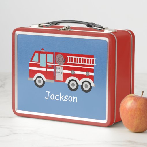 Red Fire Truck Personalized Kids Metal Lunch Box | Zazzle