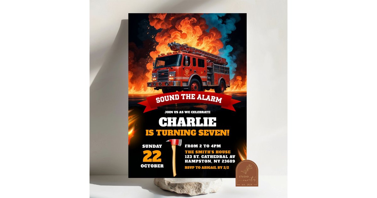 Red Firetruck Firefighters Birthday Boy Invitation | Zazzle