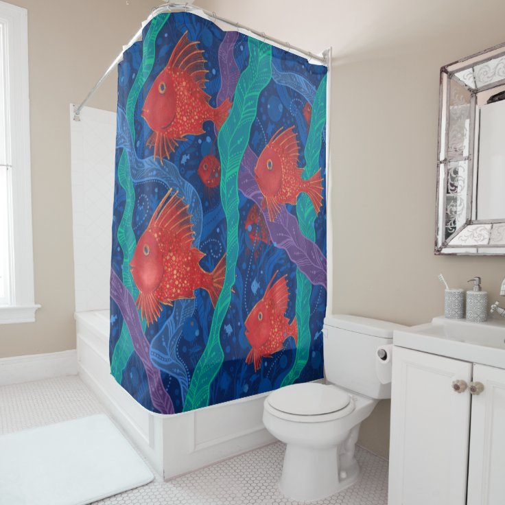 Red Fish, Seaweed Sea Ocean Animals Underwater Art Shower Curtain | Zazzle