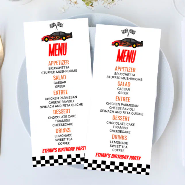 Red Flame Race Car Birthday Party Food Menu | Zazzle