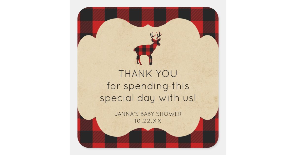 Red Flannel Plaid Buck thank you favor Square Sticker | Zazzle