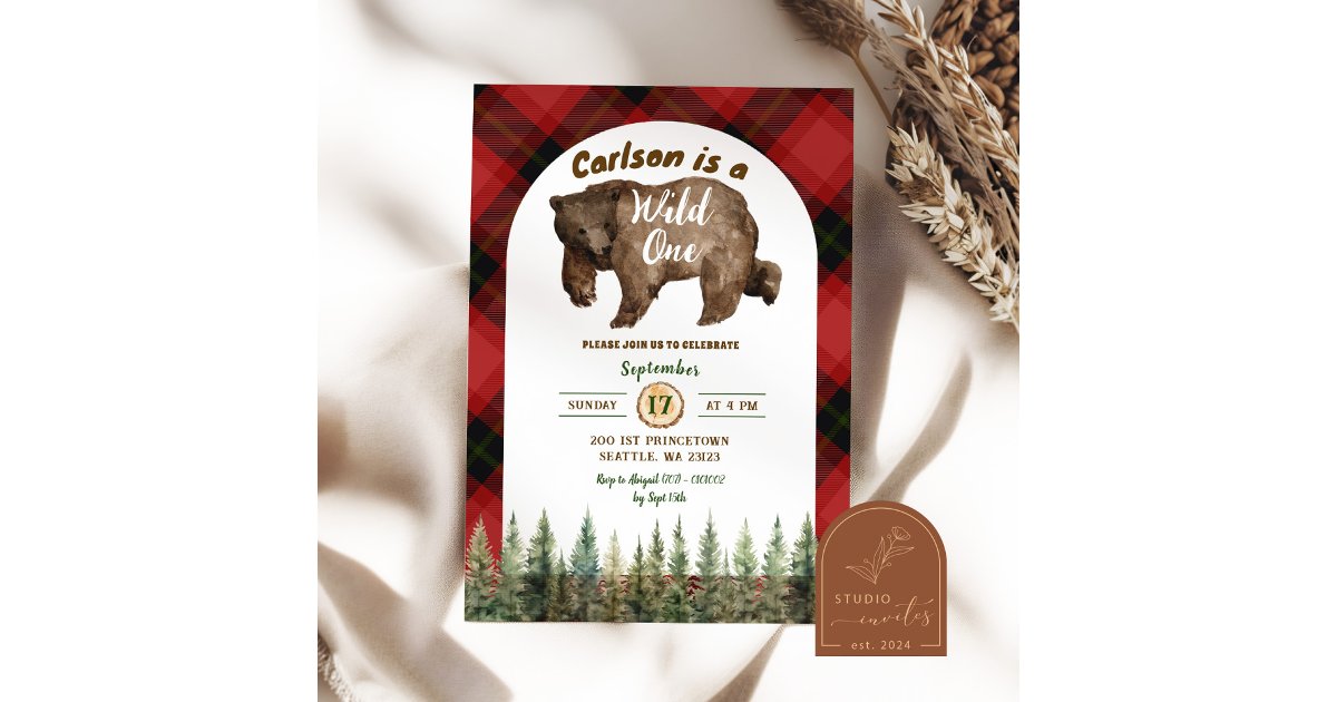 Red Flannel Wild One Lumberjack 1st Birthday Invitation | Zazzle