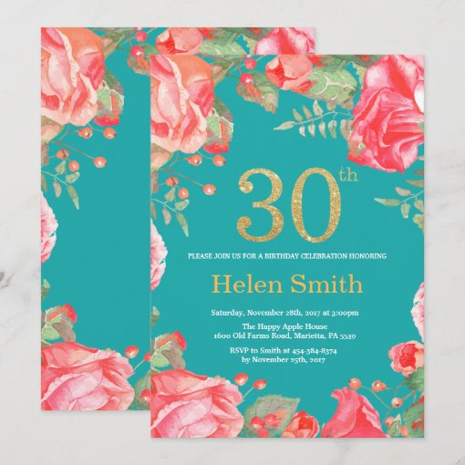 Red Floral 30th Birthday Gold Glitter and Teal Invitation | Zazzle