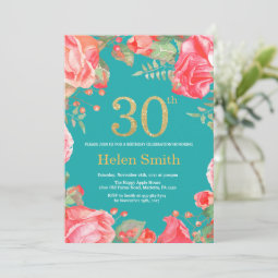 Red Floral 30th Birthday Gold Glitter and Teal Invitation | Zazzle