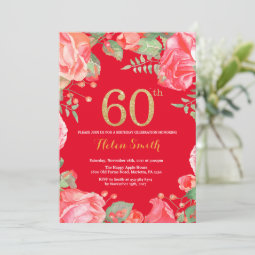 Red Floral 60th Birthday Gold Glitter and Red Invitation | Zazzle